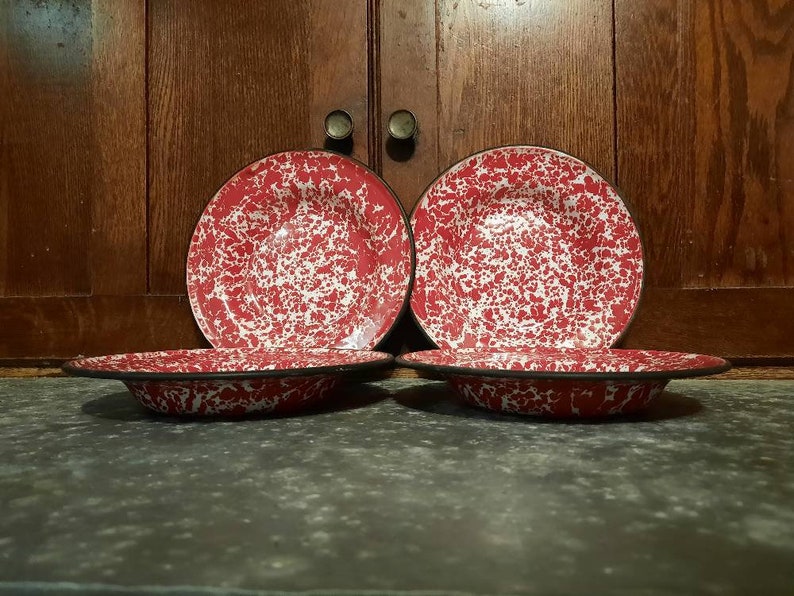 Set of 4 Red and White Marble Enamelware 8 Soup Bowls - Etsy