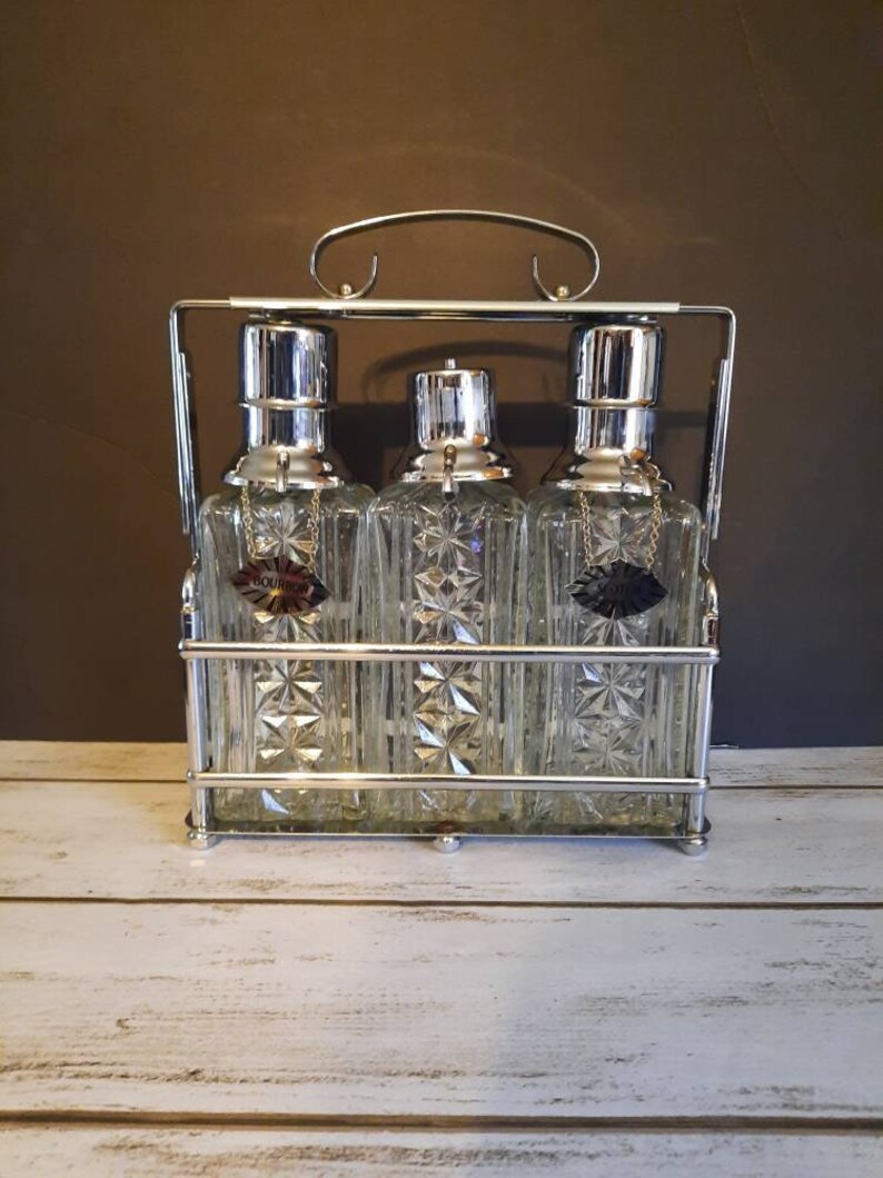 Set of three crystal decanter with chrome caddy 1950s MCM | Etsy