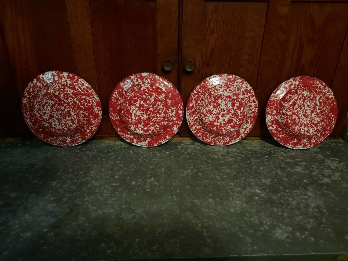 Set of 4 Red and White Marble Enamelware 8 Soup Bowls - Etsy