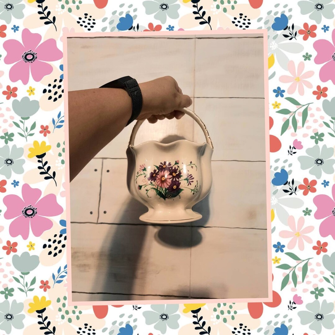 Cottagecore Ceramic Floral Basket With Ornate Handle and Gold - Etsy