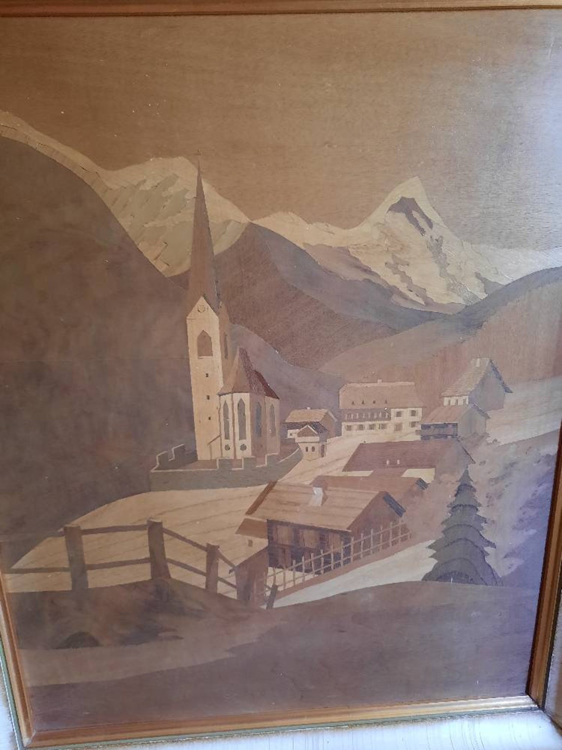 Marquetry Wood Inlay Swiss County Scene Large Vintage - Etsy