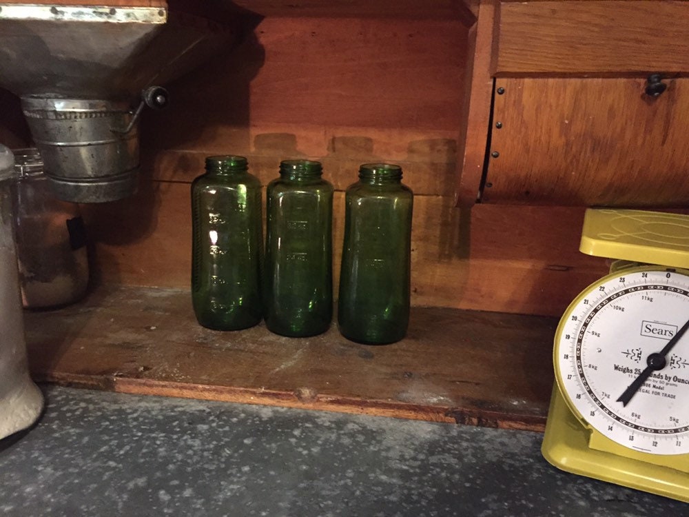Hoosier Cabinet Green Glass Containers, Hunter Green Depression Glass ...