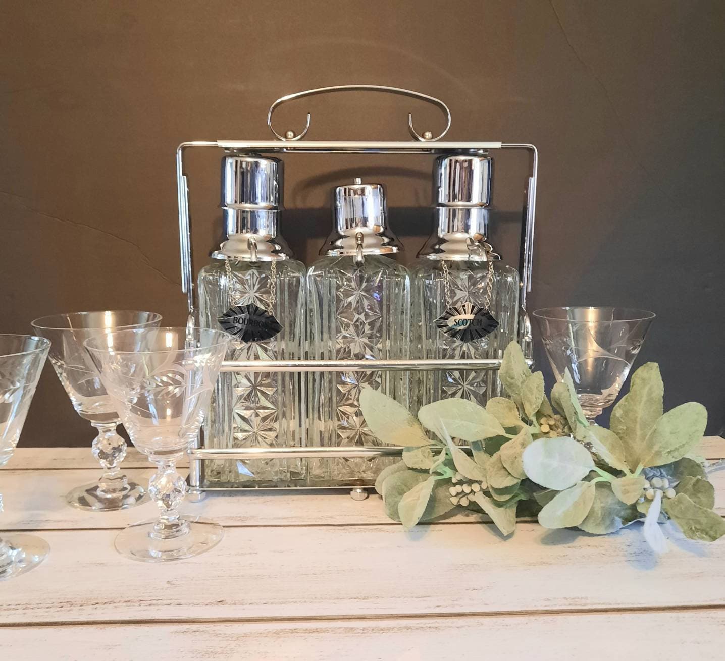 Set of Three Crystal Decanter With Chrome Caddy 1950s MCM - Etsy