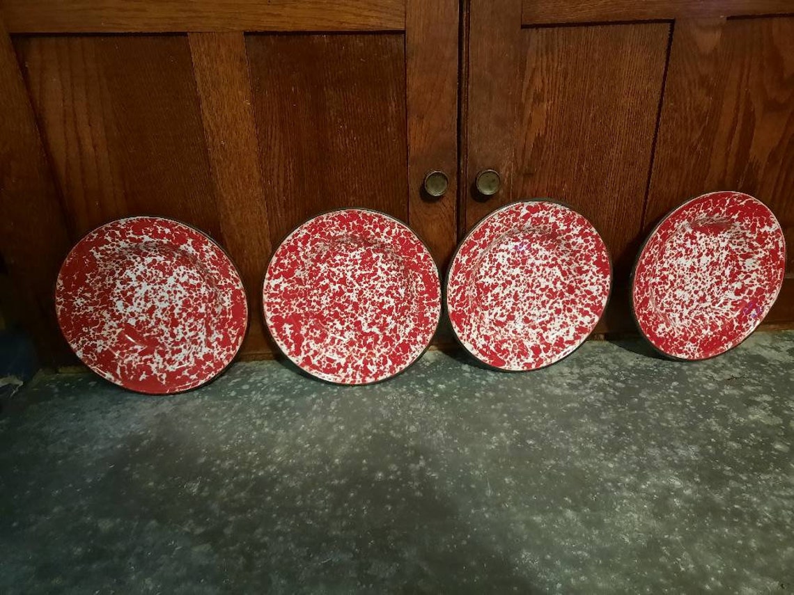 Set of 4 Red and White Marble Enamelware 8 Soup Bowls - Etsy