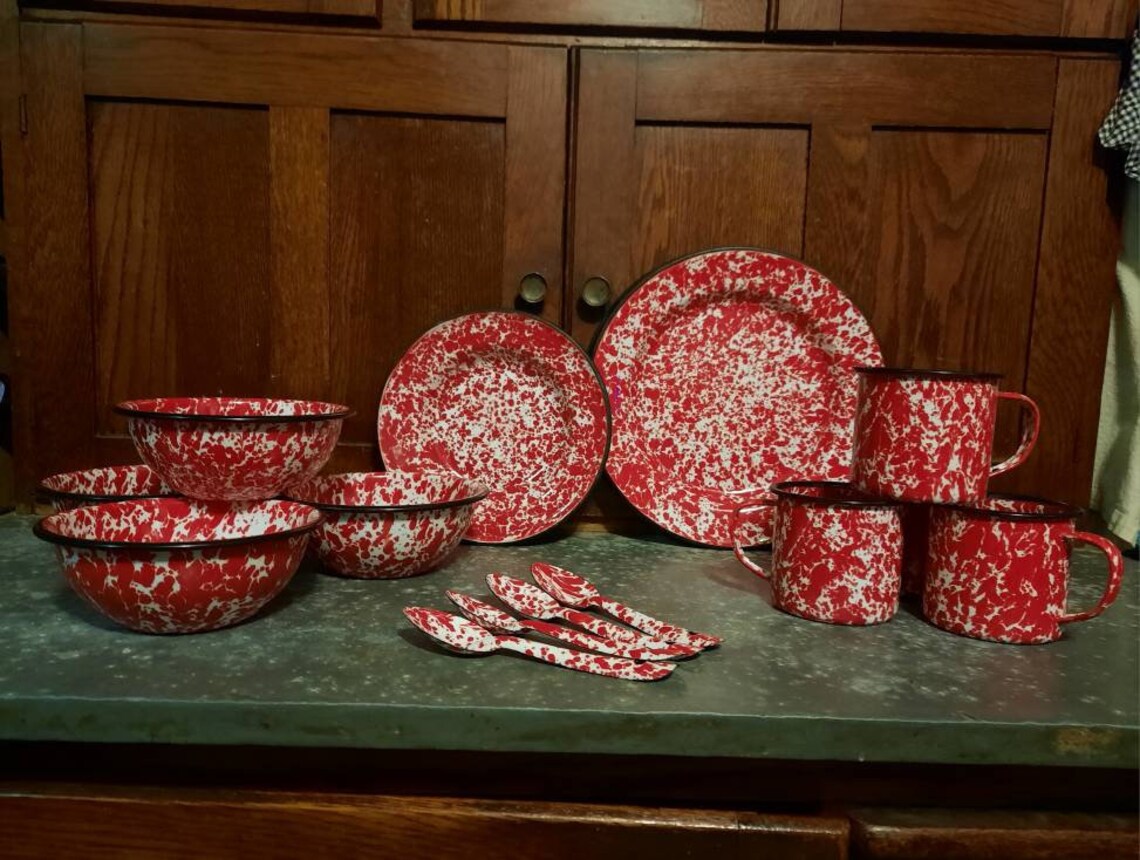 Set of 4 Red and White Marble Enamelware 8 Soup Bowls - Etsy