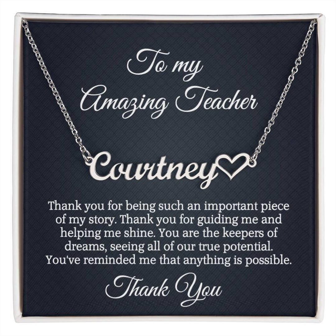 Best Teacher Ever Appreciation Message Card Heart Name Necklace ...