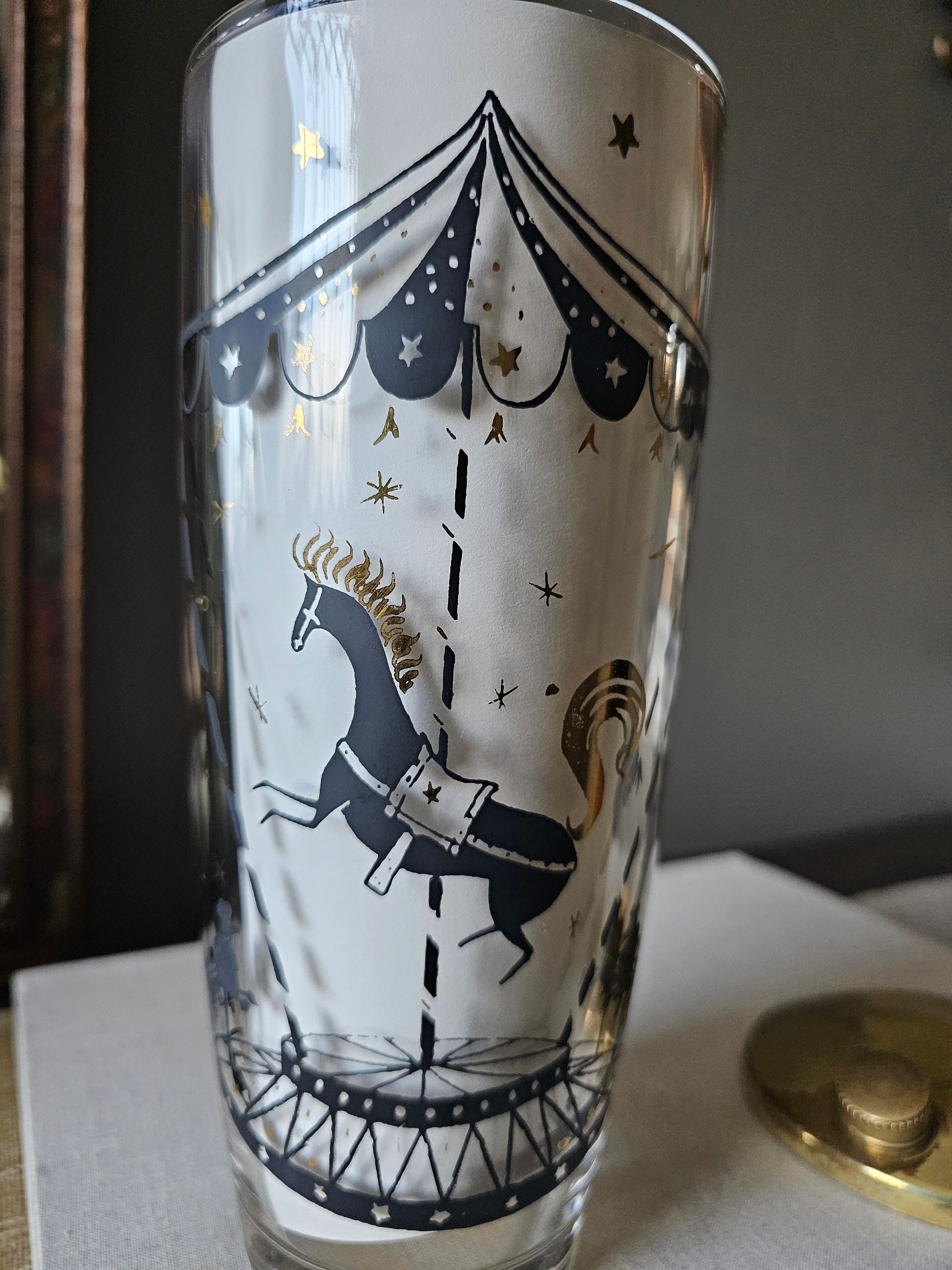 Vintage Glass Cocktail Shaker 1950s Black Gold Circus Carousel Horses ...