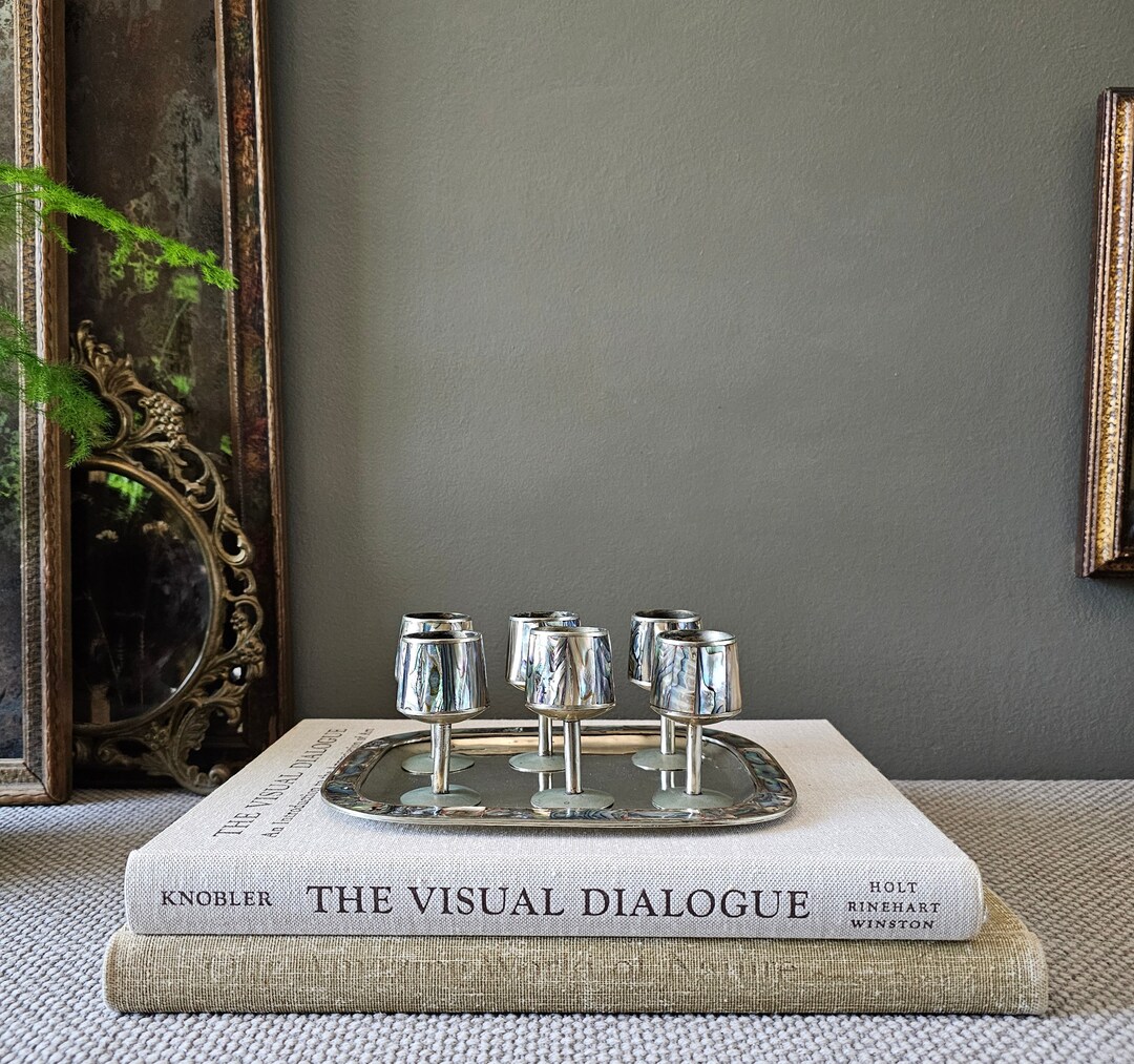 Vintage 6 Shot Glasses Cocktail Goblets Silver Metal Tray Abalone Shell ...