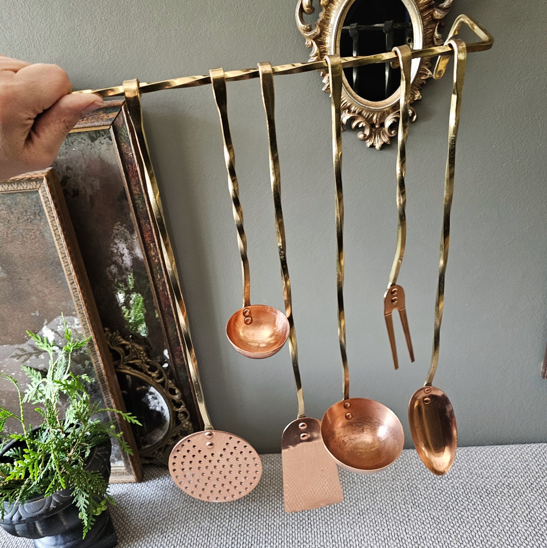 Mid Century Copper Brass Kitchen Utensil Set Spoon Fork Ladle Strainer ...