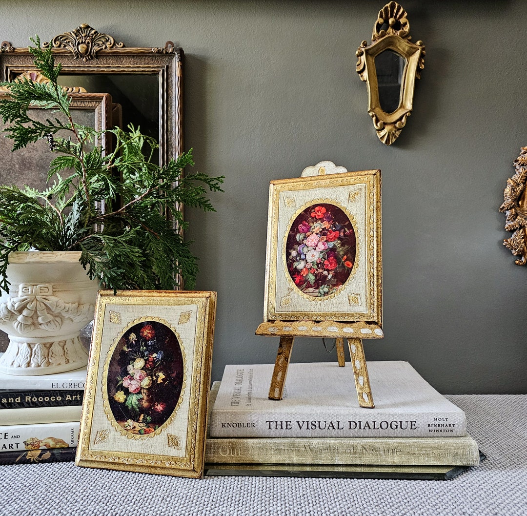 Pair of Vintage Italian Florentine Floral Art Prints Gold Gilt Wood ...