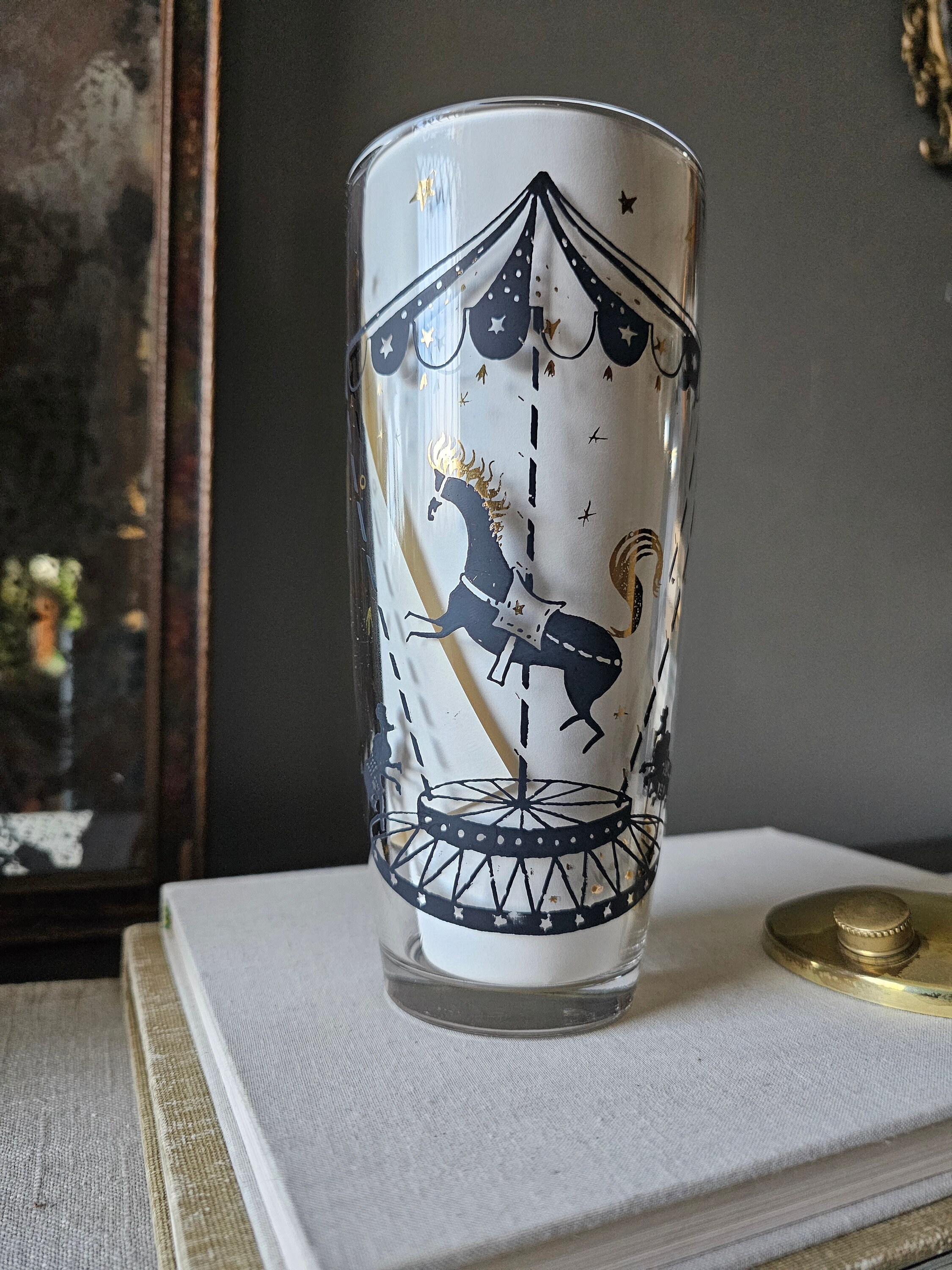 Vintage Glass Cocktail Shaker 1950s Black Gold Circus Carousel Horses ...