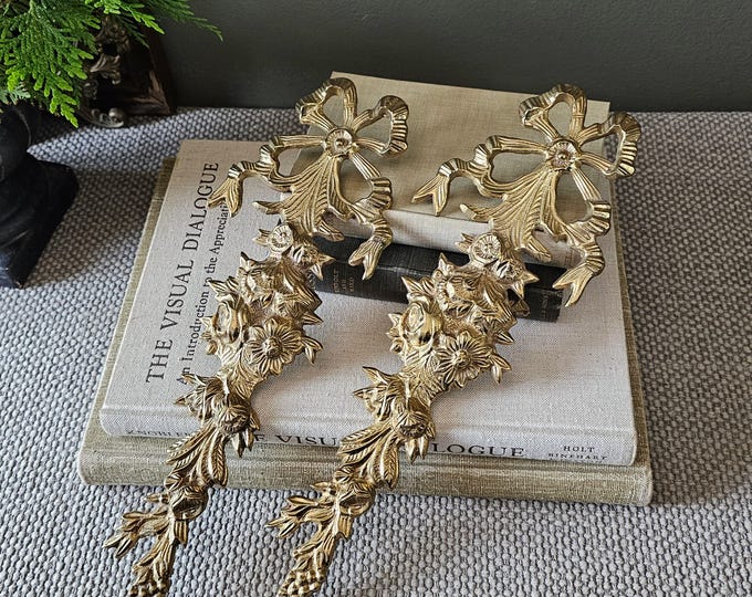 Pair of TWO Vintage Brass Bow and Ribbon Floral Swag Garland Bouquet ...