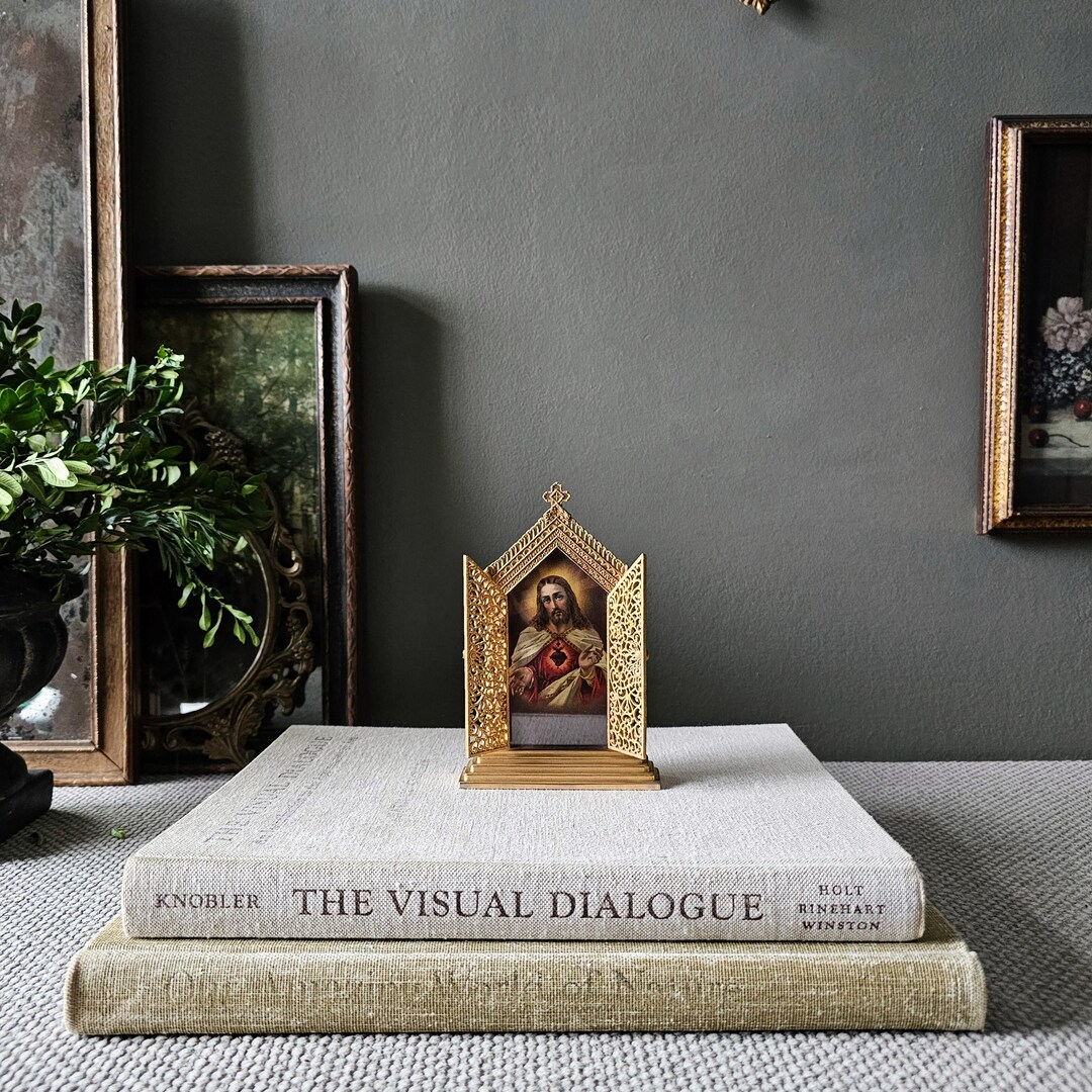 Antique Gold Filigree Triptych Sacred Heart of Jesus Travel Altar ...