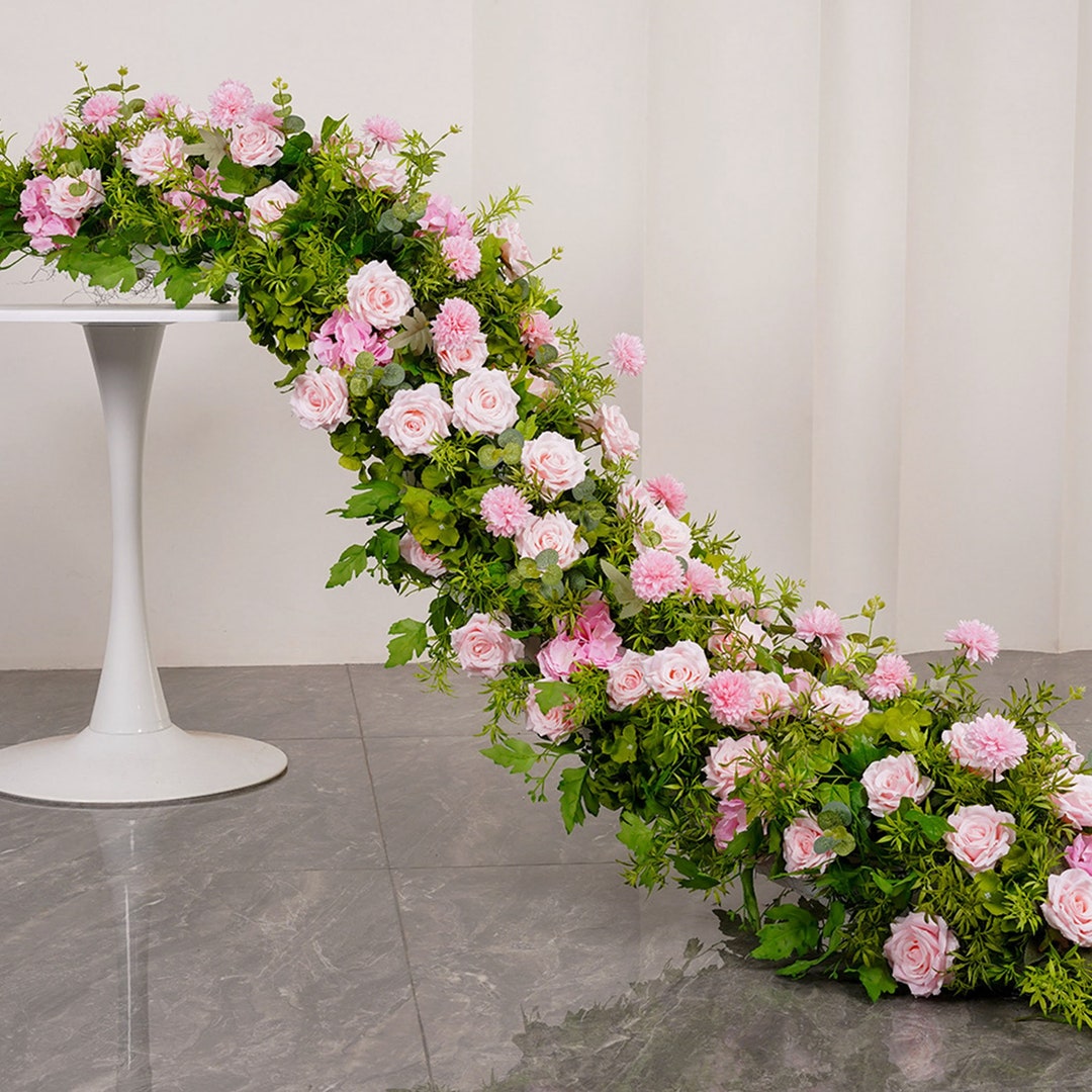 Greenery Flower Row,pink Rose Silk Flower Runner Stair Floral ...