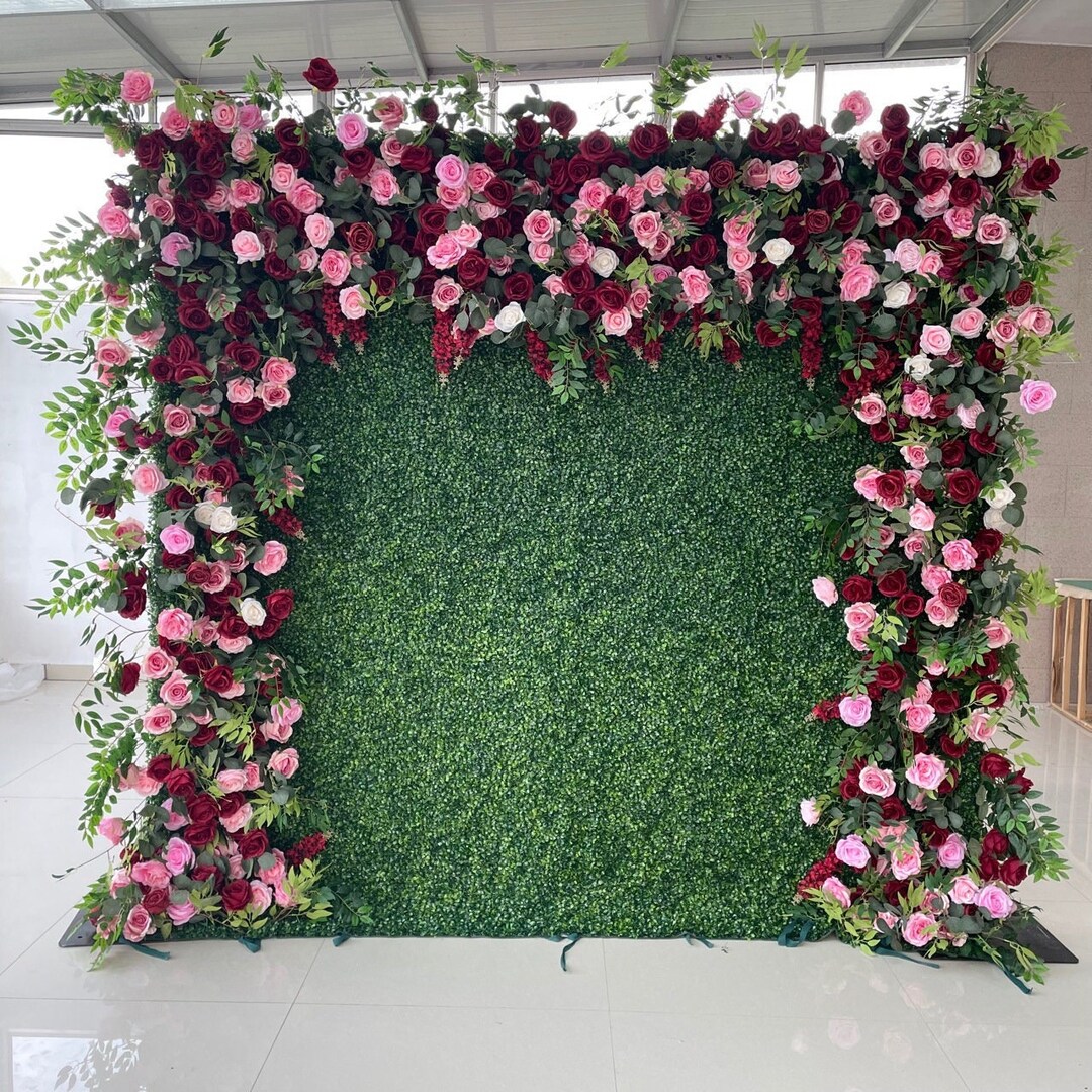 Burgundy Pink Rose Box Wood Wedding Flower Wall,5d Roll up Cloth Fabric ...