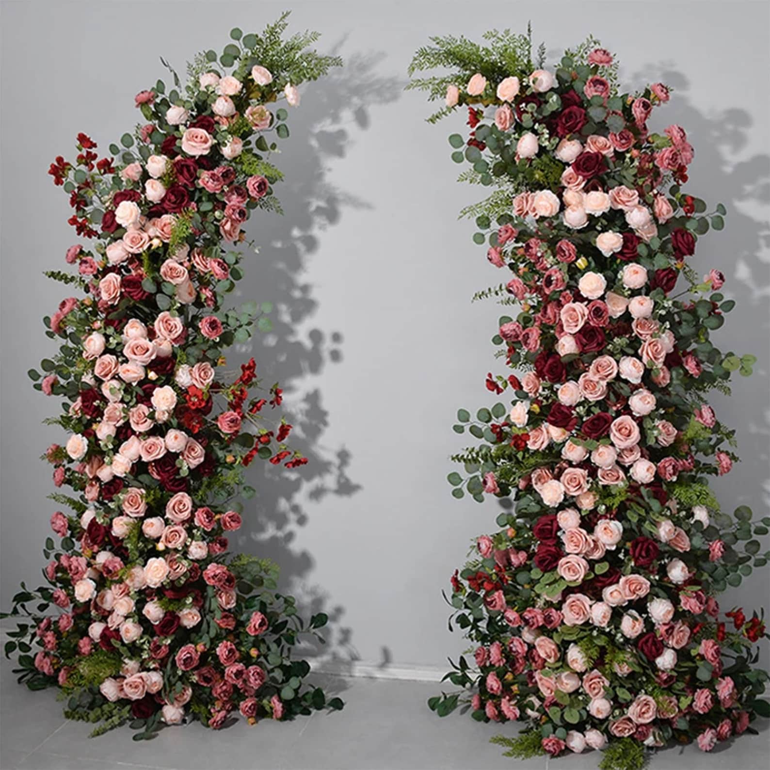 Retro Blush Burgundy Rose Greenery Wedding Flower Arrangement Horn Arch ...