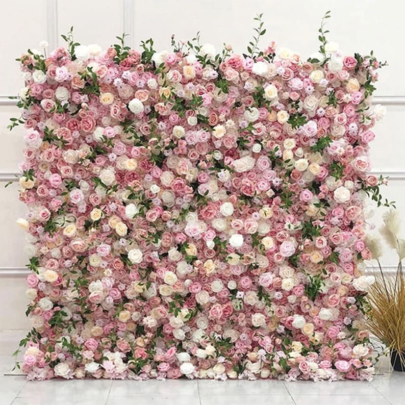 Buy Hot Pink Rose Greenery Artificial Flower Wall,roll up Cloth Fabric ...