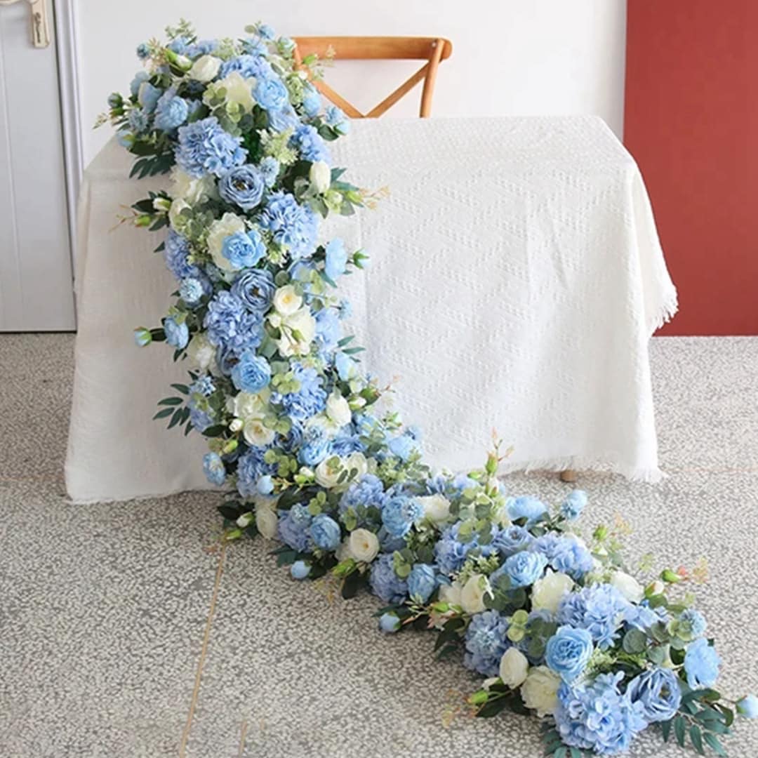 Blue Ivory Rose Table Flower Runner,greenery Flower Row,flower Garland ...