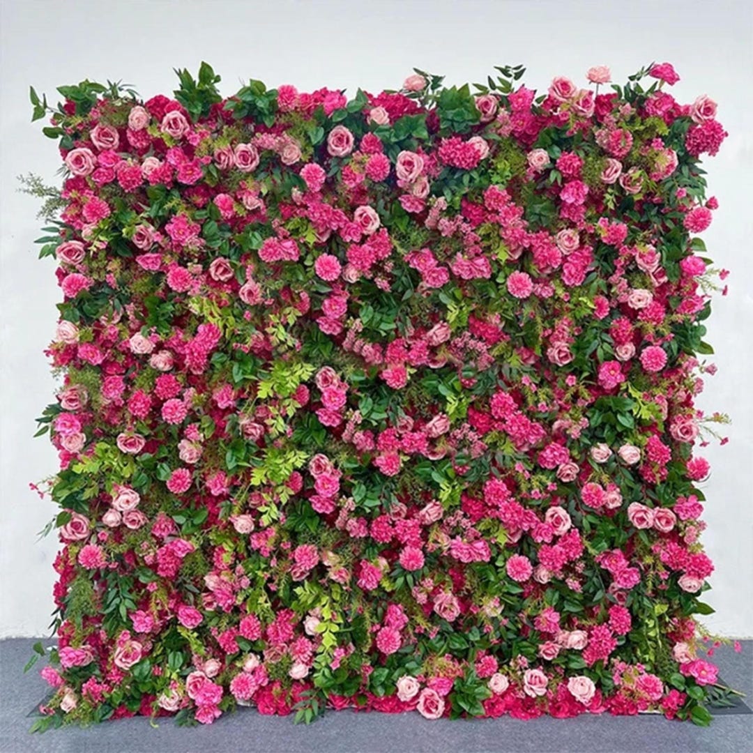 Buy Hot Pink Rose Greenery Artificial Flower Wall,roll up Cloth Fabric ...