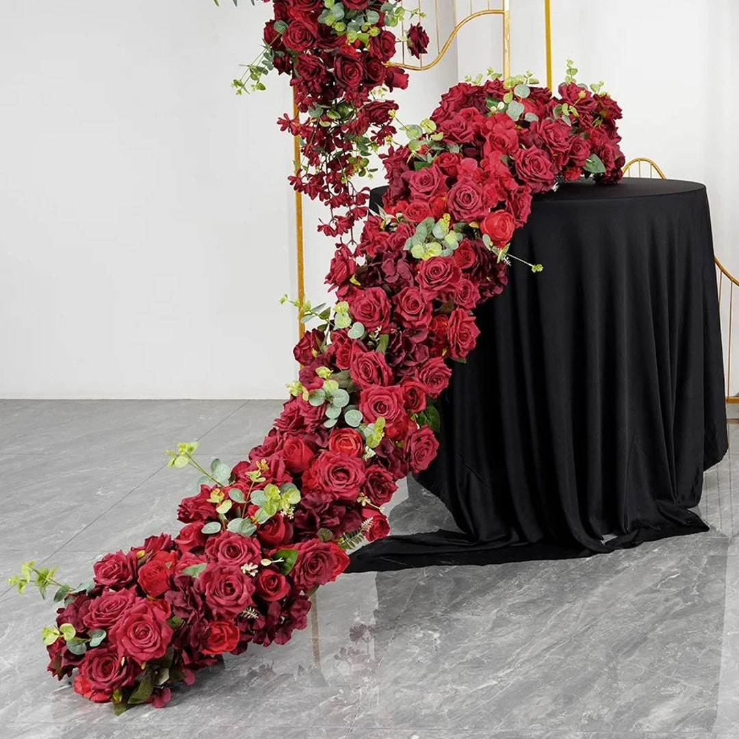 Burgundy Red Rose Wedding Arch Flower Row,green Eucalyptus Flower ...