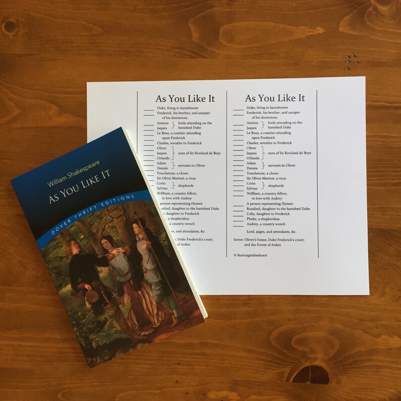 Shakespeare as You Like It Character Guide Bookmark (PDF) - Etsy