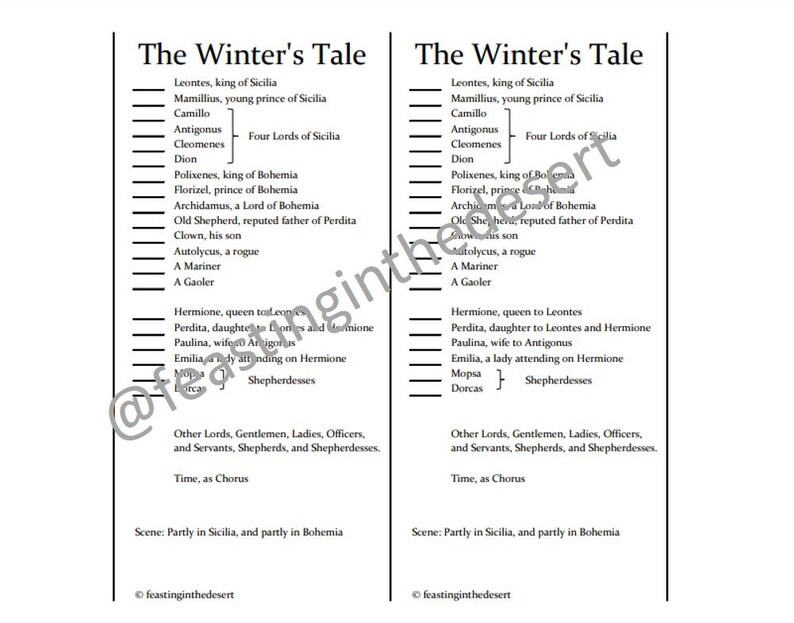 Shakespeare Winter’s Tale Character Bookmark, Homeschool, Classroom ...
