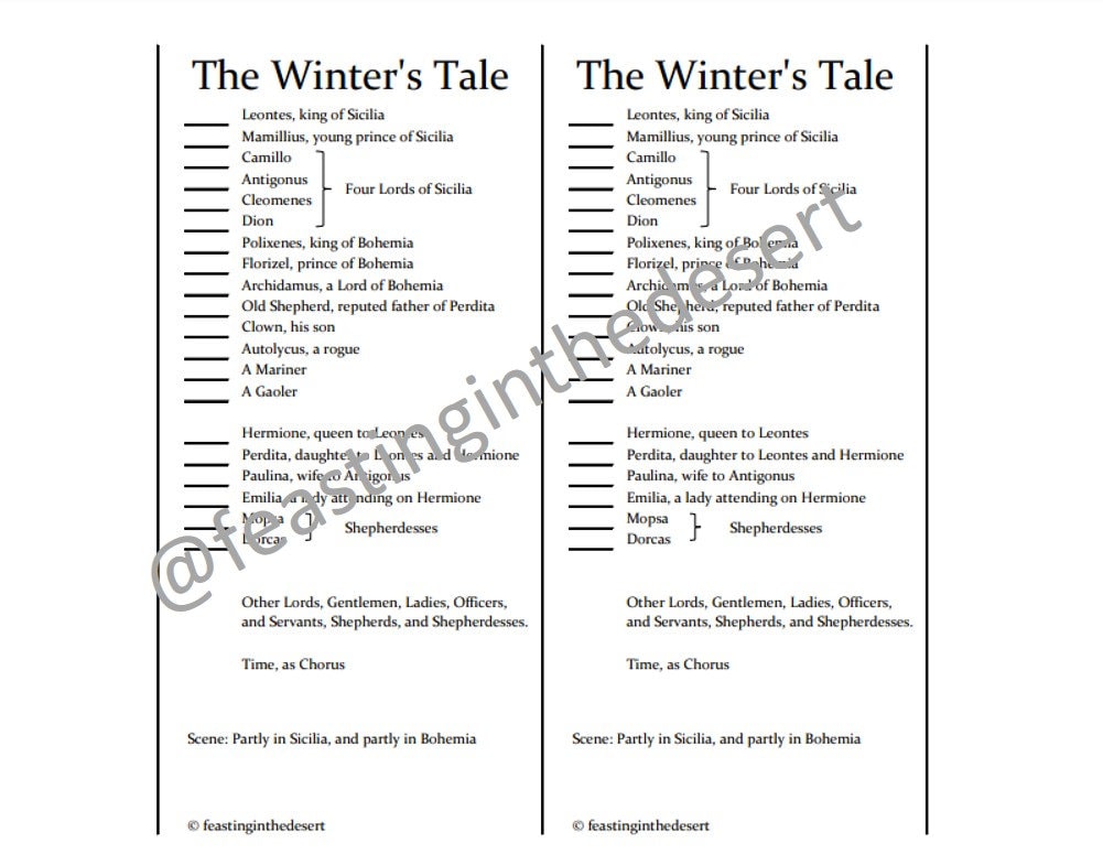 Shakespeare Winter’s Tale Character Bookmark, Homeschool, Classroom ...
