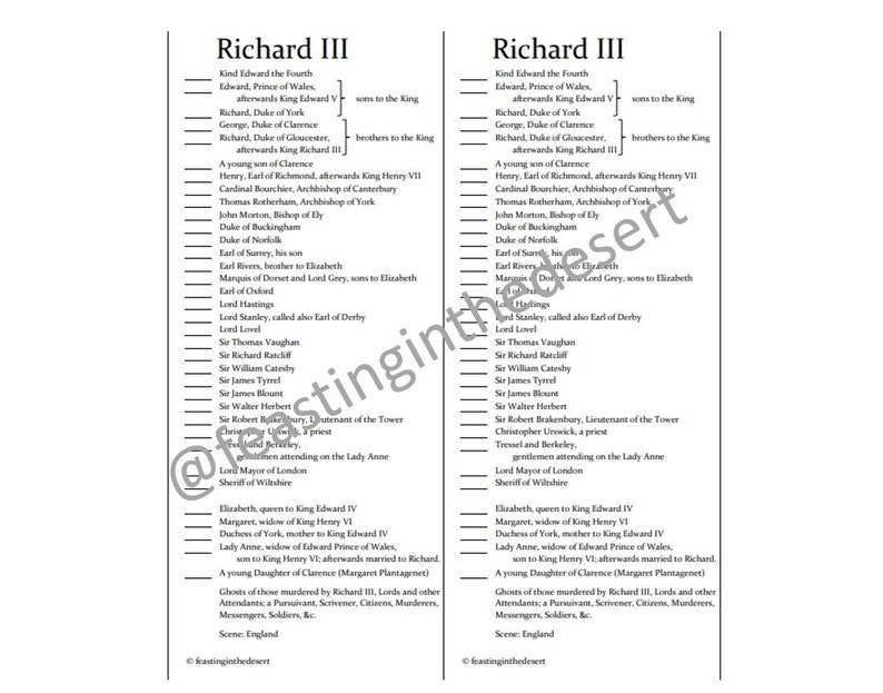 Shakespeare Richard III Character Bookmark - Homeschool, Classroom ...