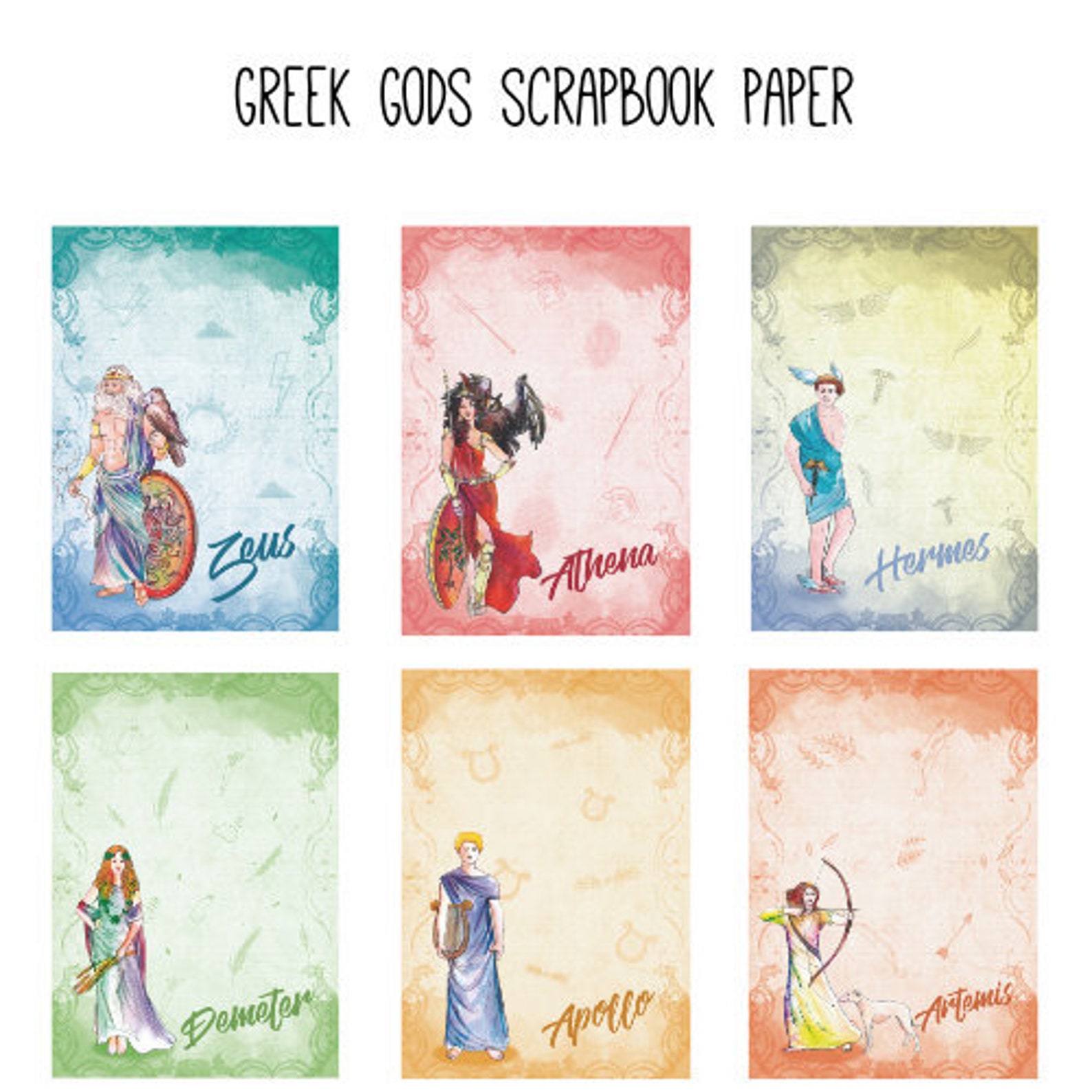 Greek Gods Scrapbook Paper: Zeus, Athena, 12 Olympians (PDF Download ...