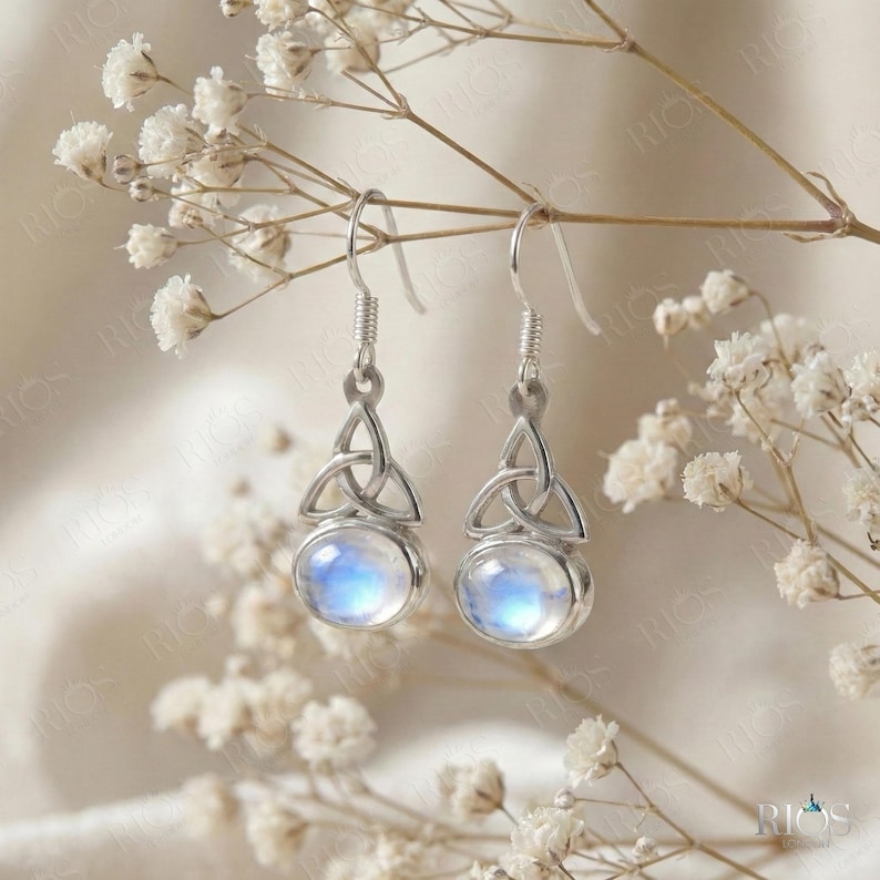Natural Moonstone Celtic Trinity Knot Drop Earrings, 925 Sterling ...