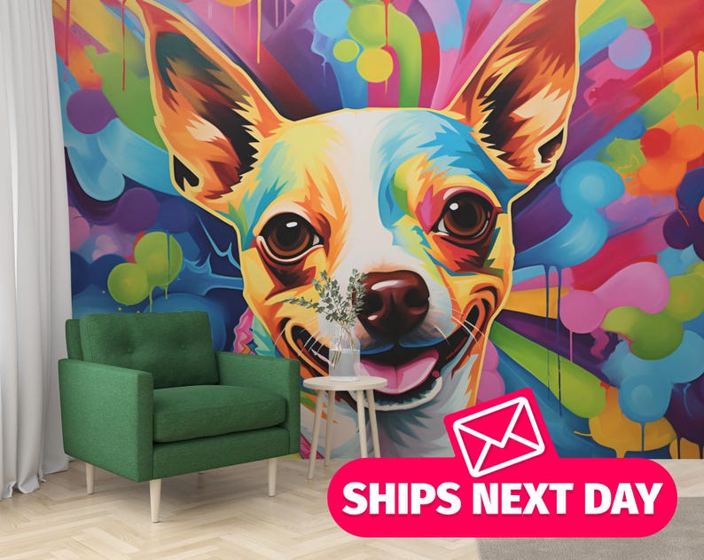 Colorful Dog Removable Vinyl Mural / Peel and Stick Chihuahua Wallpaper ...