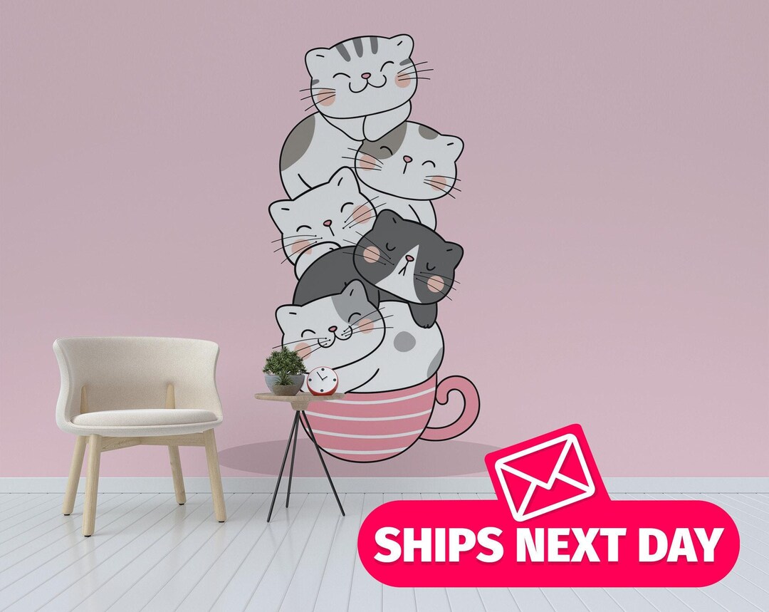 Pink Cats / Pet Mural, Peel and Stick Removable Vinyl or Fabric, Non ...