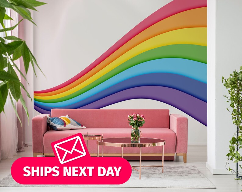 Wavy Rainbow Wallpaper Mural Colorful Wall Mural Peel and - Etsy