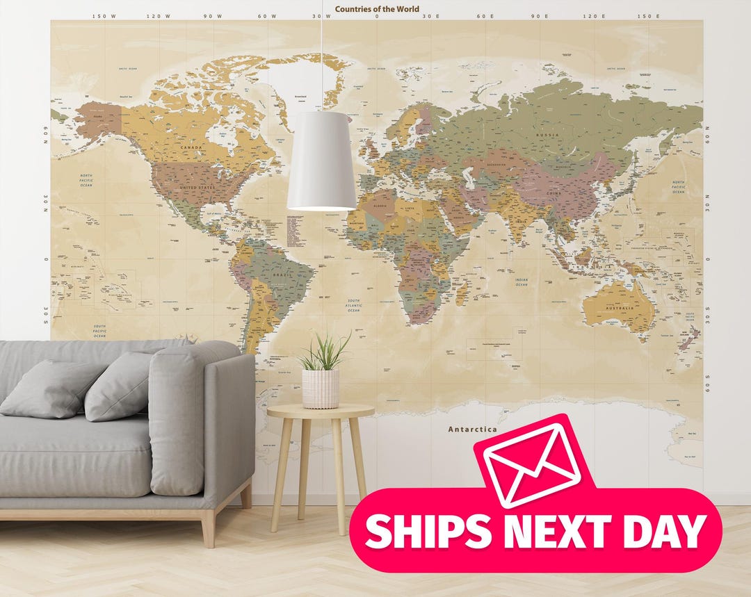World Map Removable Vinyl Mural / Peel and Stick Detailed Map Wallpaper ...