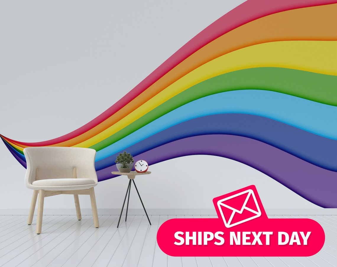 Wavy Rainbow Wallpaper Mural Colorful Wall Mural Peel and - Etsy