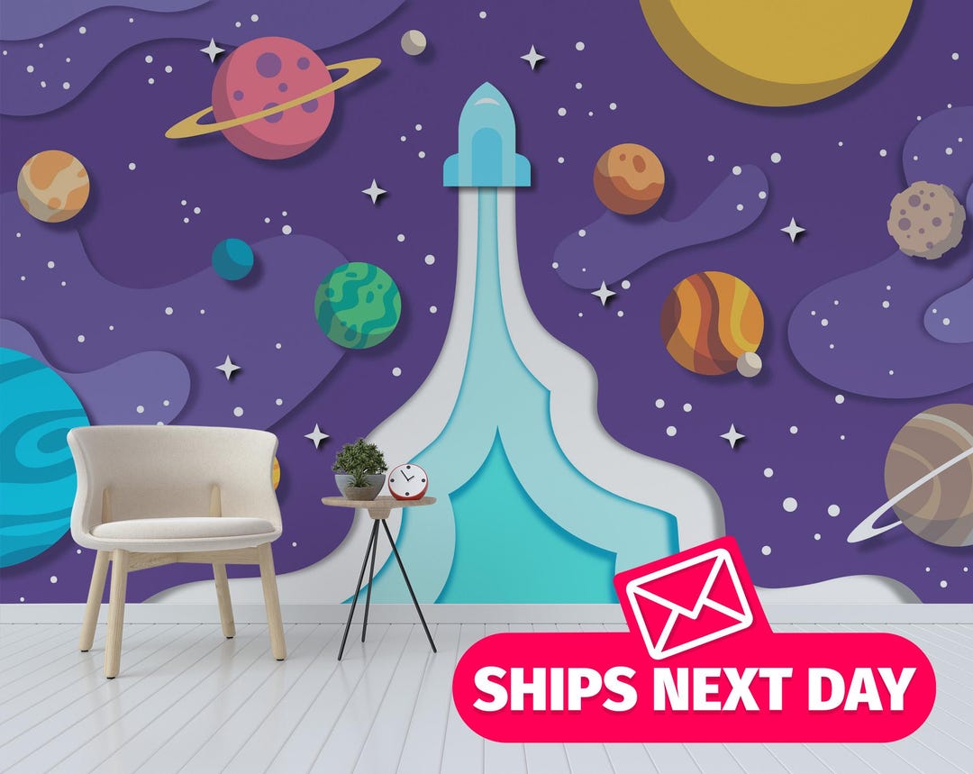Rocket Space Removable Vinyl Mural / Peel and Stick Rocket Ship ...