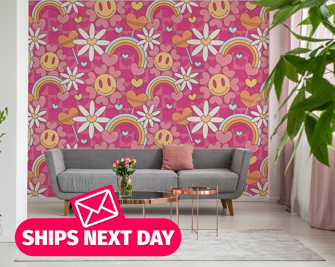 Funky Flowers and Smiles Removable Mural / Retro Happy Flowers ...
