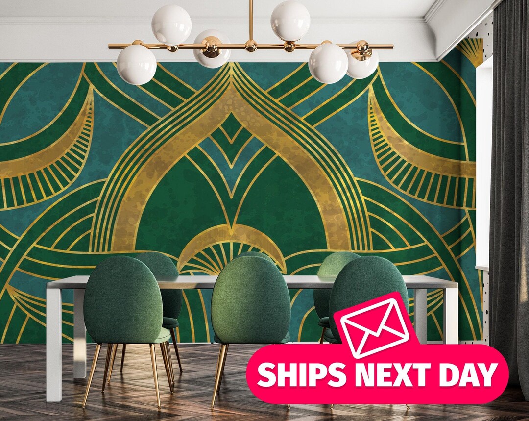 Green Art Deco Wallpaper Mural / Elegant Geometric Wall Mural Print ...