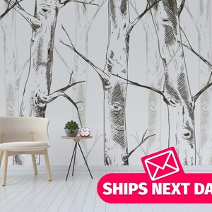 Birch Tree Wallpaper Mural / Tree Mural, Peel and Stick Removable Vinyl ...
