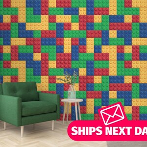 Building Bricks Removable Vinyl Mural / Geometric Blocks Wallpaper ...