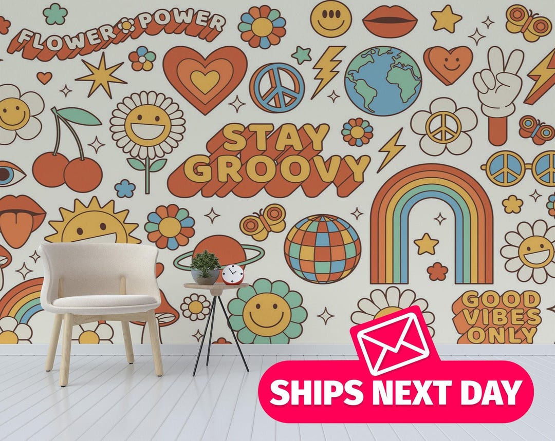 Groovy / Fun Retro Mural, Peel and Stick Removable Vinyl or Fabric, Non ...