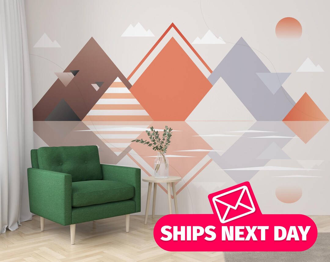Geometric Mountain Mural – Minimalist Pastel Wallpaper, Peel & Stick - Etsy