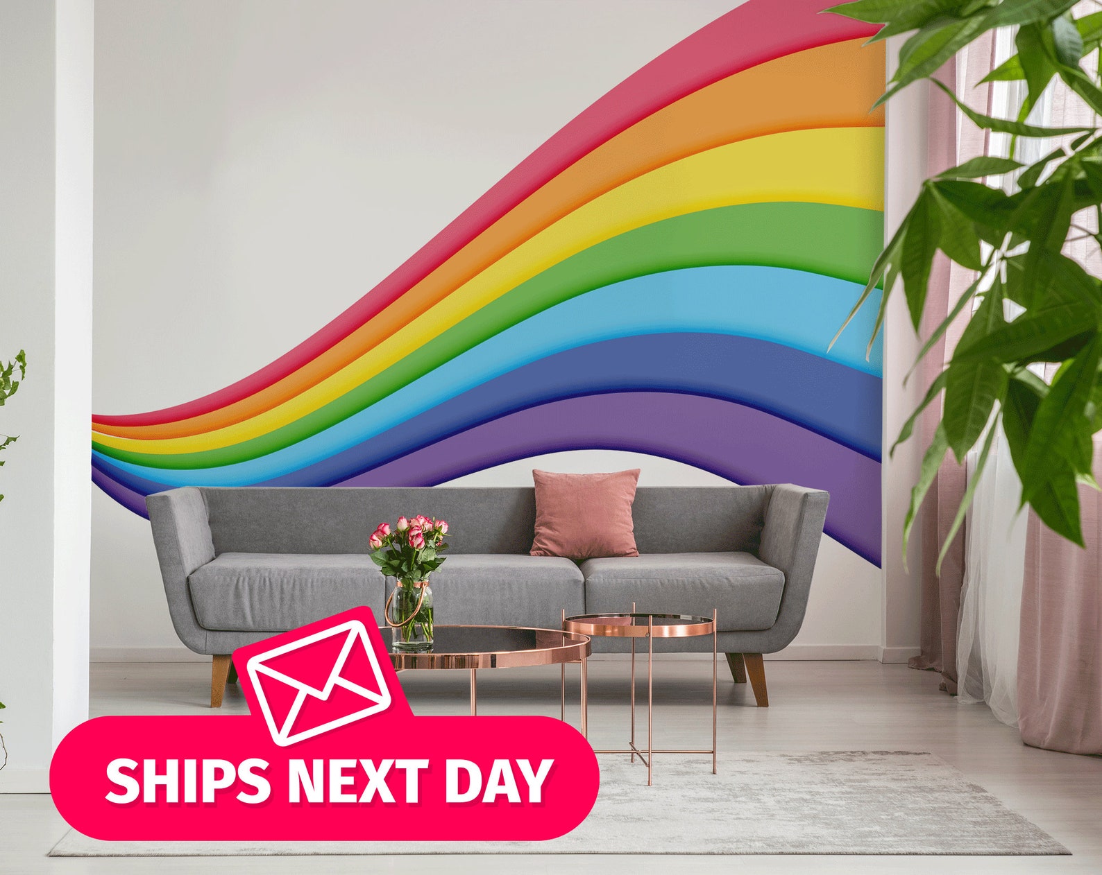 Wavy Rainbow Wallpaper Mural Colorful Wall Mural Peel and - Etsy