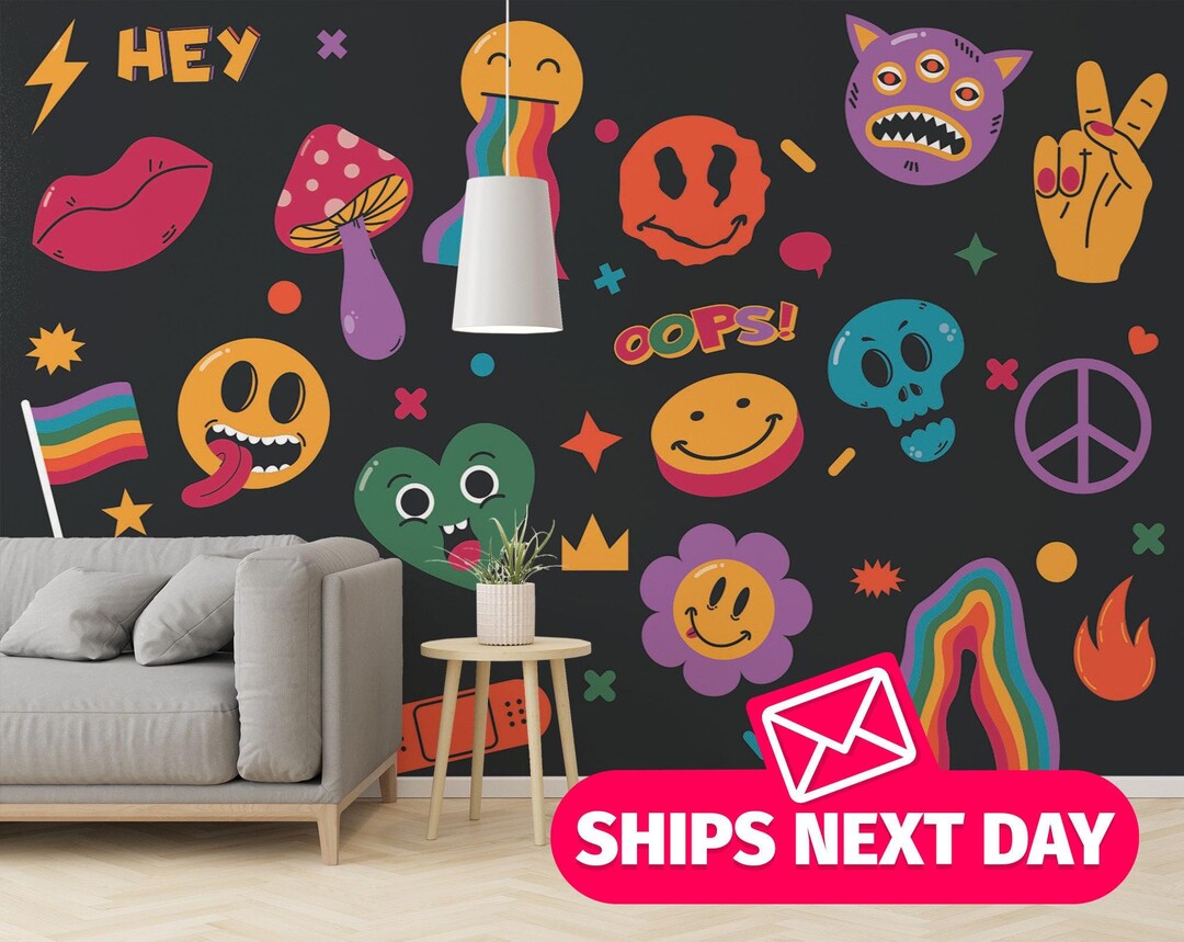Trippy / Retro Mural, Peel and Stick Removable Vinyl or Fabric, Non ...