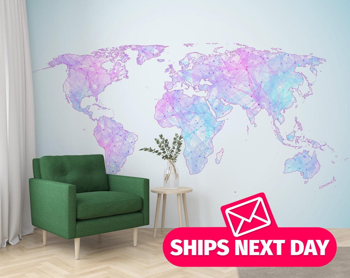 Pastel World Map Removable Vinyl Mural / Gradient Travel Wallpaper ...