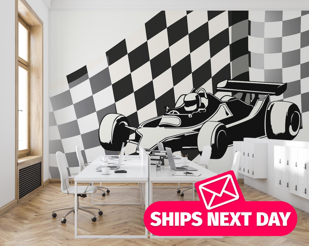 Formula Racer Removable Vinyl Mural / Racing Checkered Wallpaper Mural ...