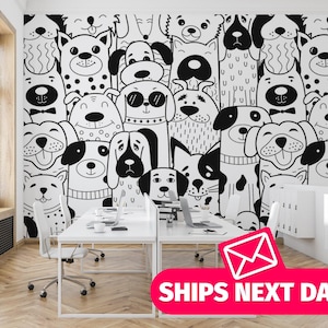 Playful Dog Doodle Vinyl Mural / Peel and Stick Cartoon Dogs Wallpaper ...