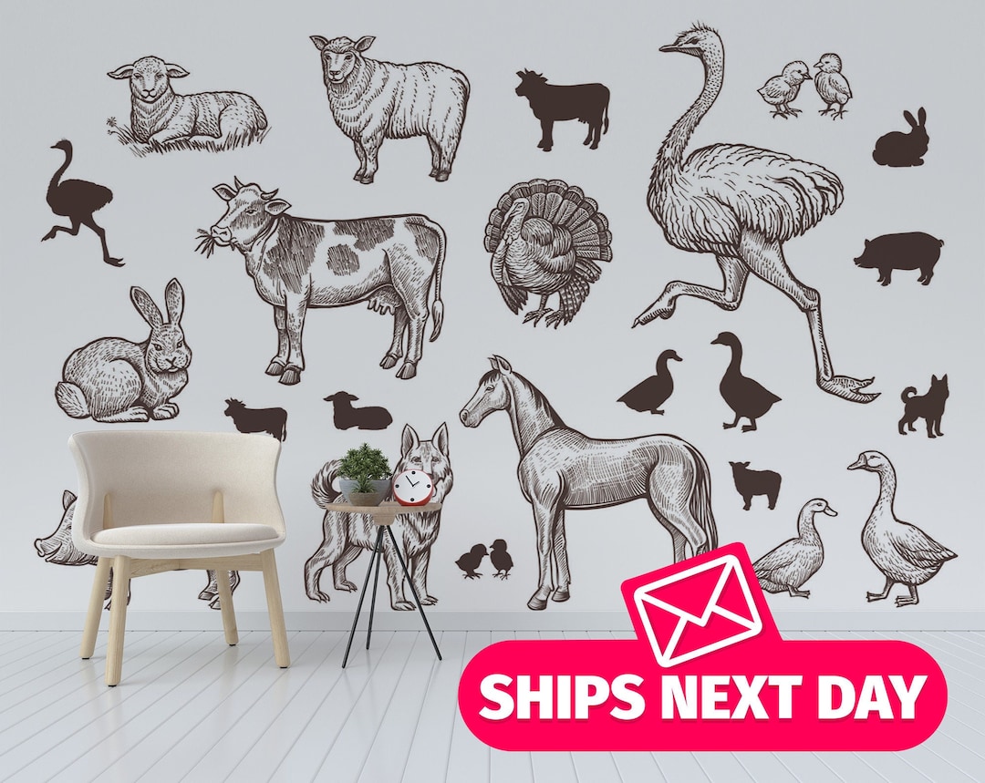 Farm Wallpaper Mural / Farm Animals Mural, Peel and Stick Removable ...