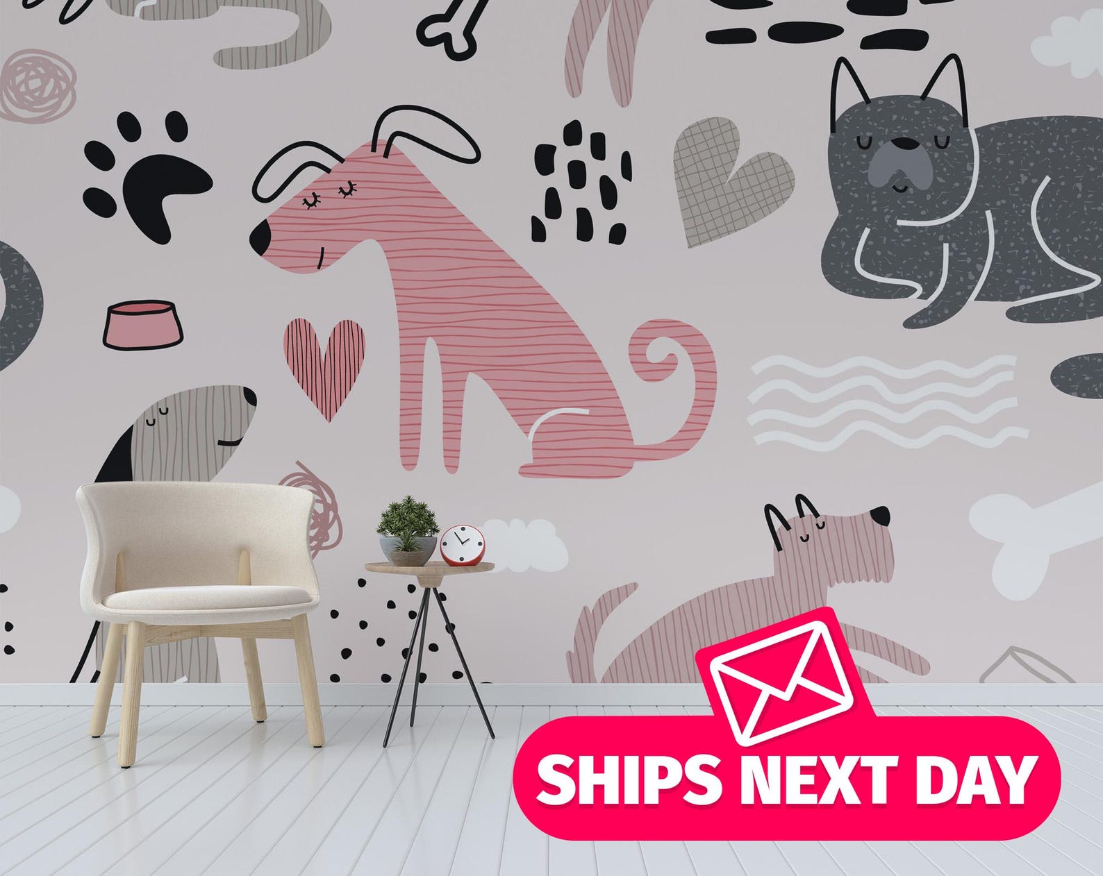 Boho Animals Removable Vinyl Mural / Dogs and Cats Wallpaper Mural ...