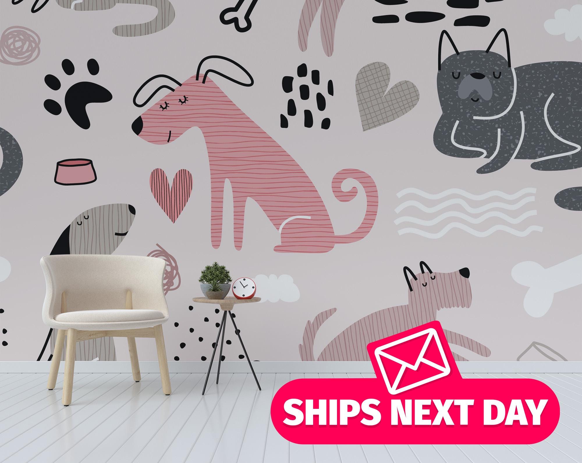 Boho Dogs and Cats Wallpaper Mural – Playful Nursery Pets Print - Etsy